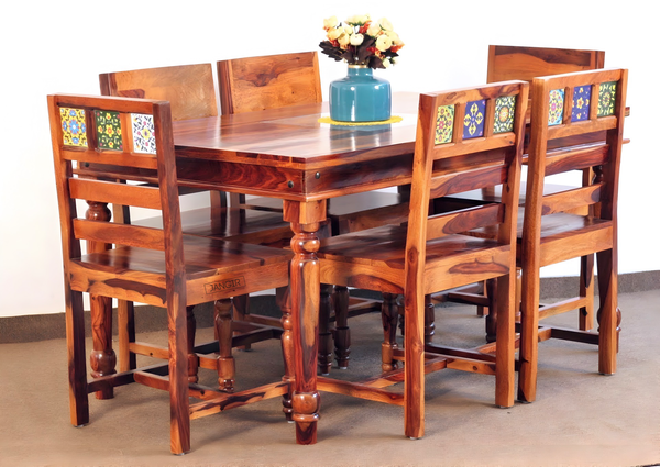 Rajasthani Style tiles dining table set Six Seater wooden dining Table
